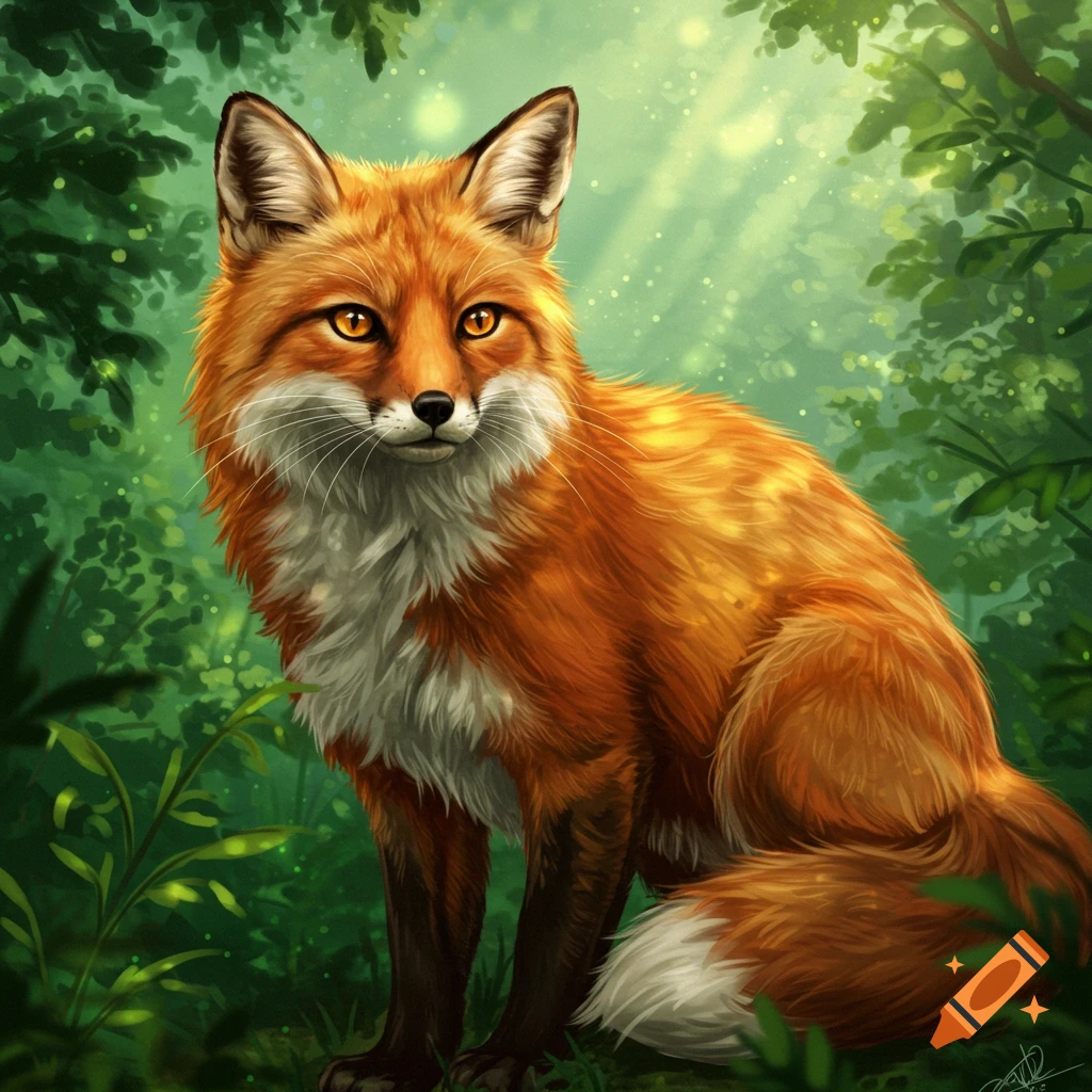 A majestic red fox sits in a sunlit forest clearing, looking towards ...