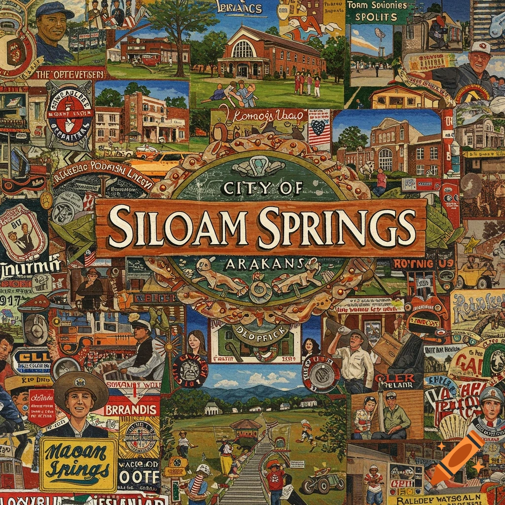 Detailed collage mural depicting various scenes and text related to ...