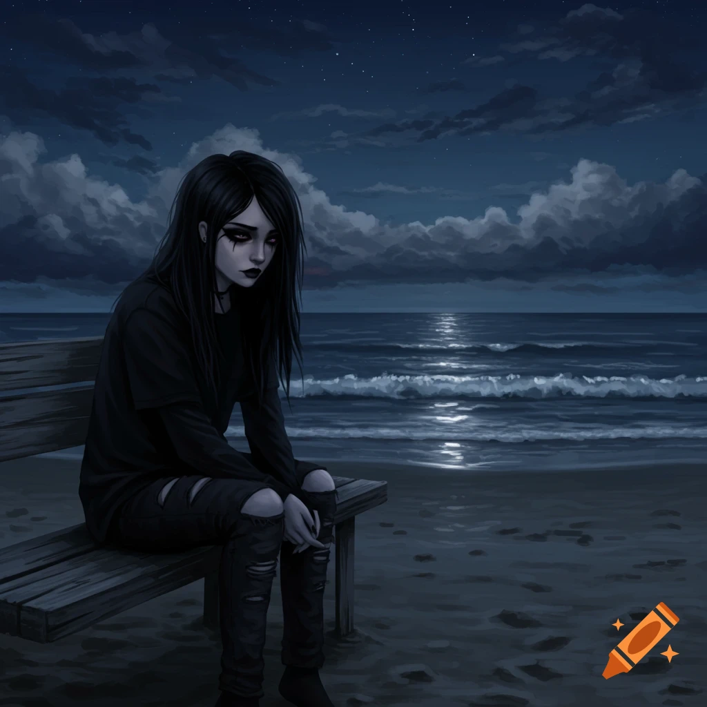 Emo girl sitting on a bench at the beach in moonlight on Craiyon