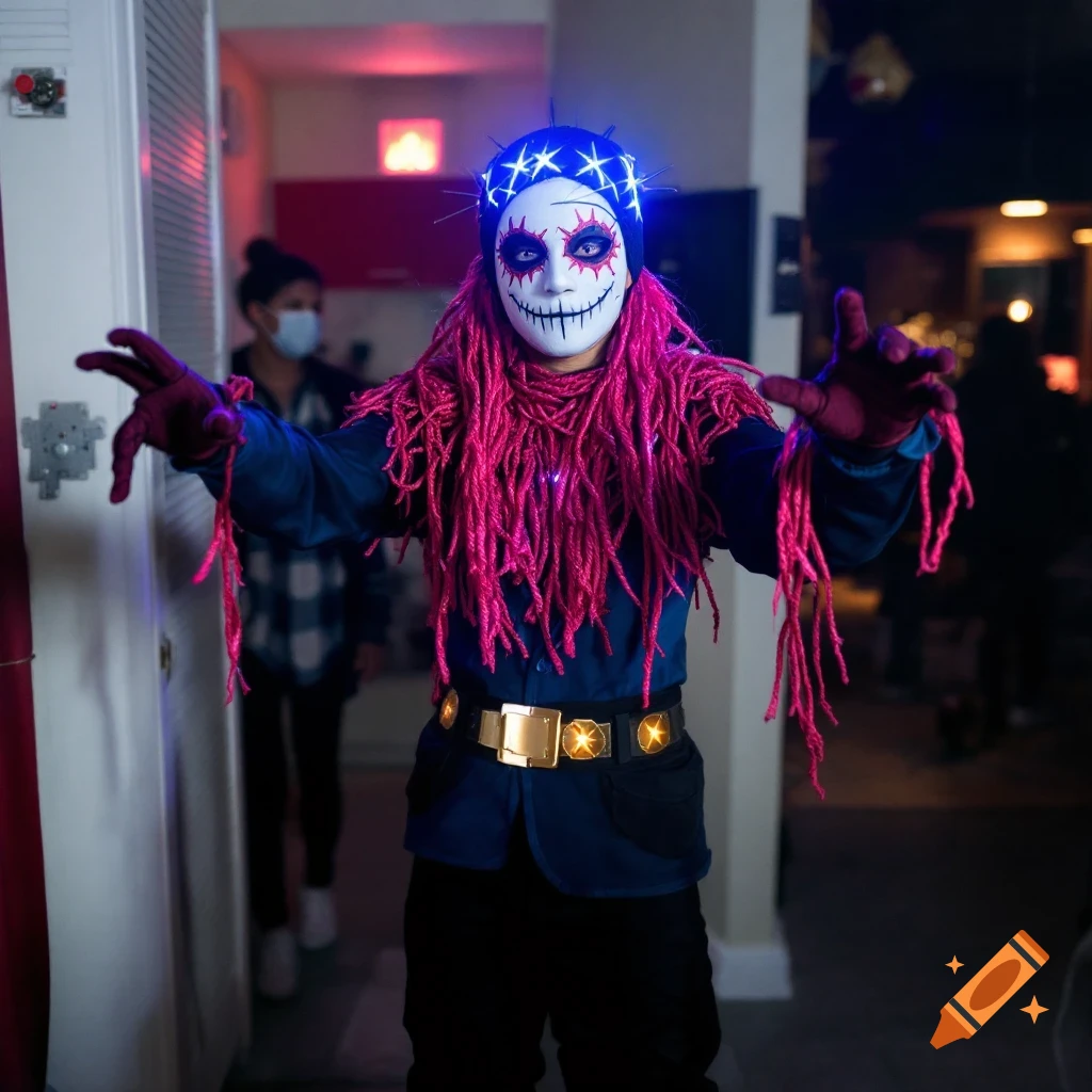 Person in a creepy mask with sharp teeth and glowing blue headwear ...