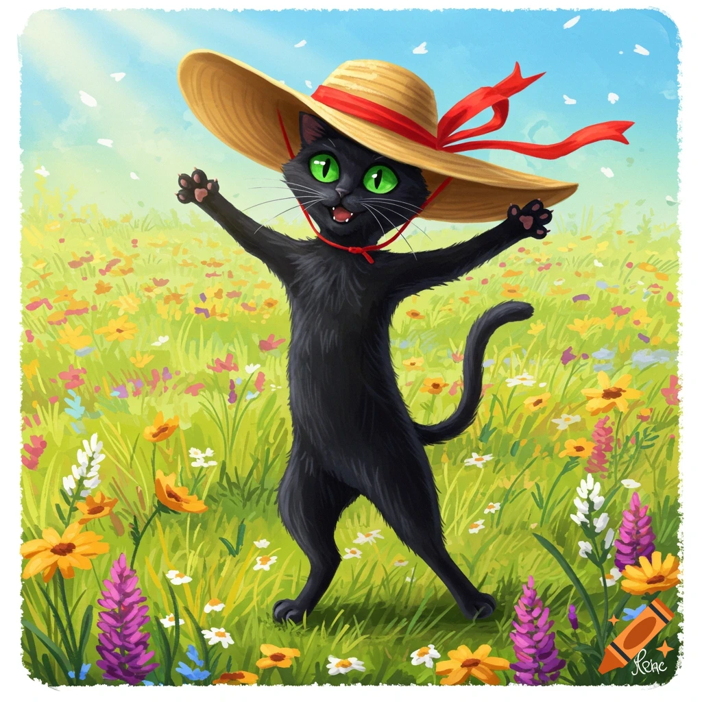 Cartoon black cat in straw hat dancing in a wildflower field on Craiyon