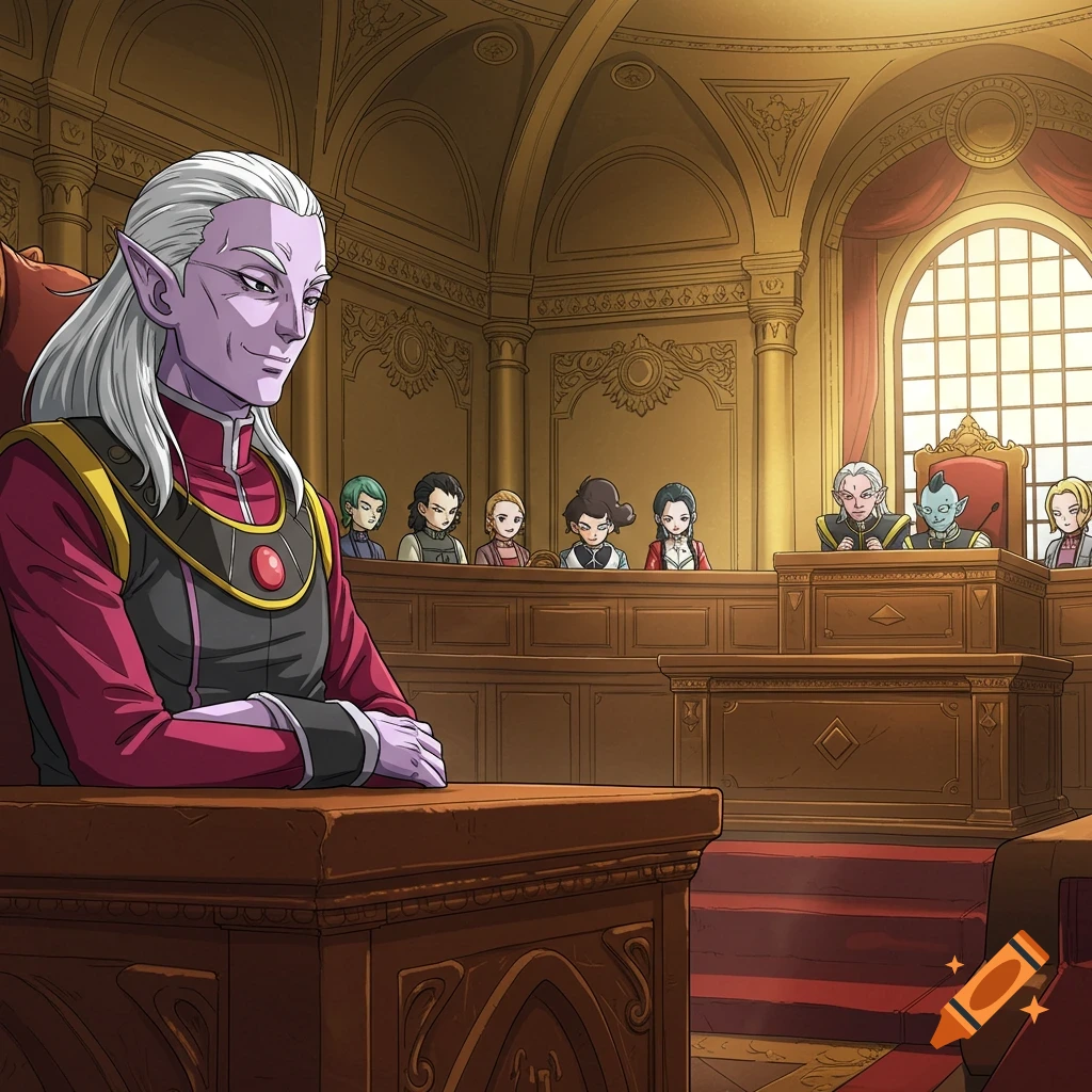A purple-skinned alien character stands in a witness stand in a ...