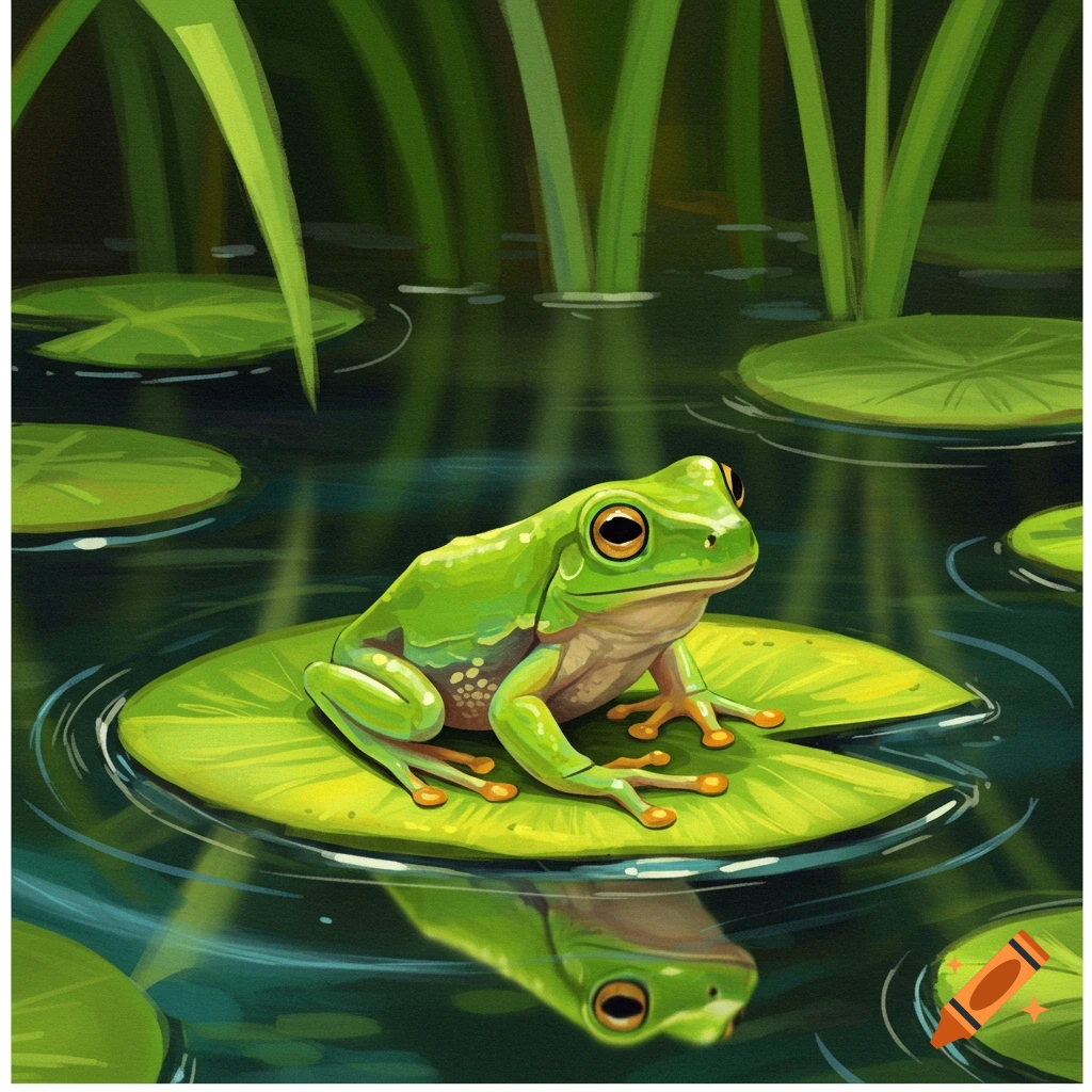 A green frog sits on a lily pad in a pond. on Craiyon