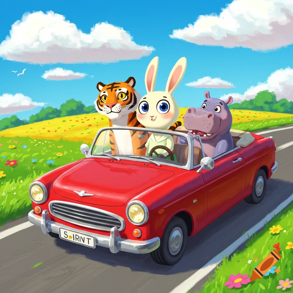 Rabbit driving car with tiger and hippo passengers on Craiyon