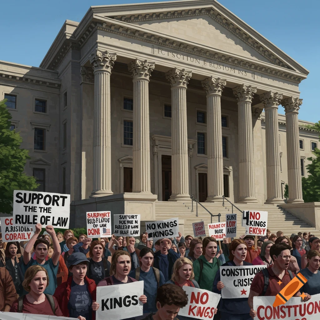 Courthouse surrounded by protesters holding Rule of Law signs on Craiyon