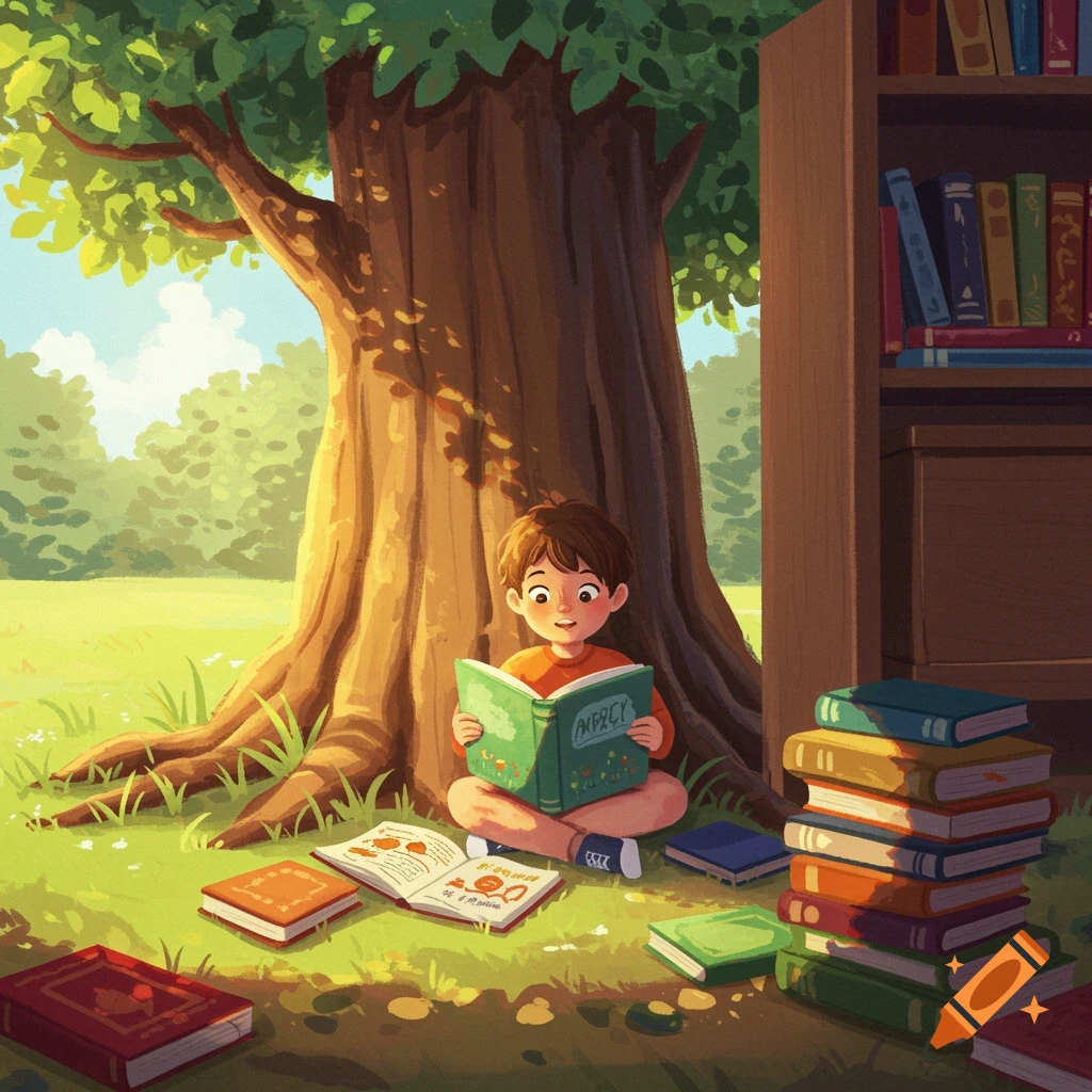 Child reading a colorful book under a tree, surrounded by books ...