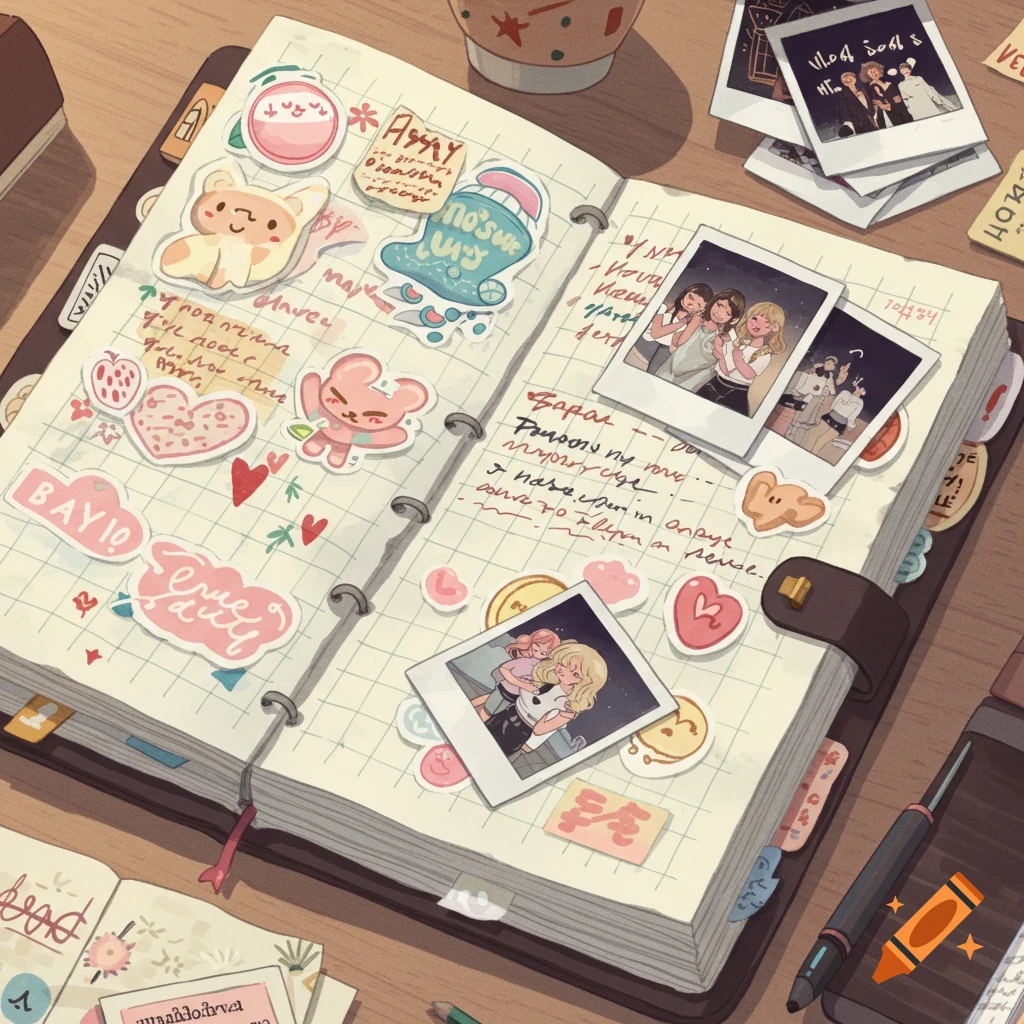 An open journal or notebook filled with handwritten notes, colorful ...