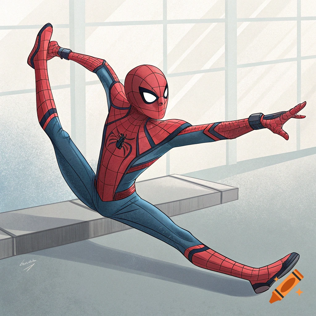 Illustration of Spiderman in a red and blue suit doing a high leg split ...