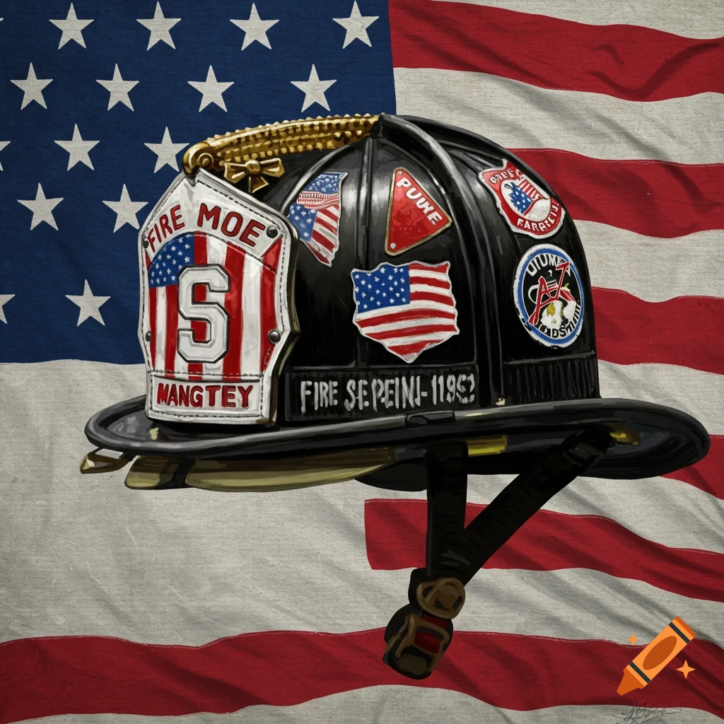 Patriotic firefighter helmet with stickers on Craiyon