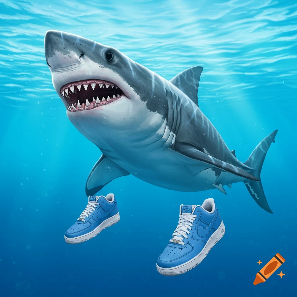 Shark wearing Nike blue shoes under blue sky on Craiyon