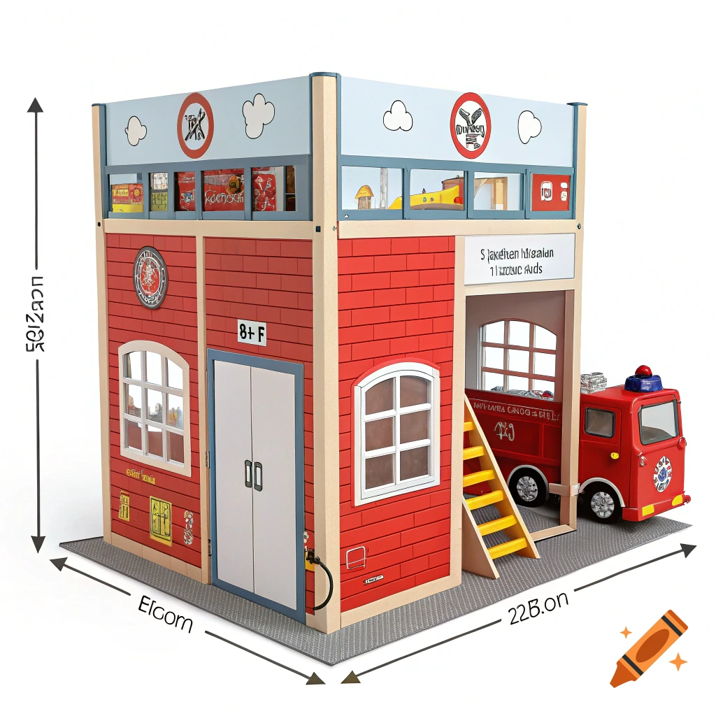 MDF fire station design for children's play area, 3x2 meters on Craiyon