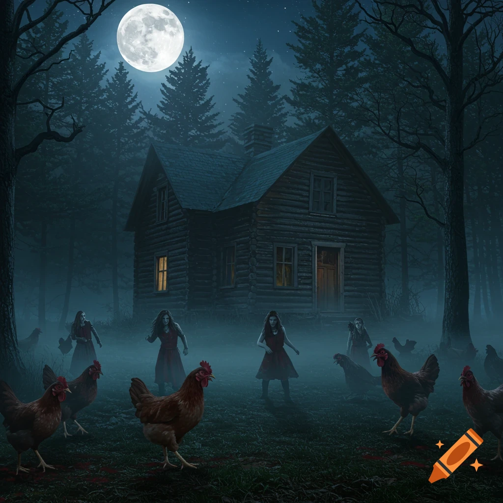 Cabin in moonlit mist with ferocious chickens chasing women on Craiyon
