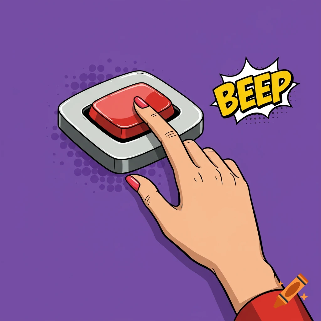 A hand presses a red button next to a "BEEP" sound effect bubble in a ...