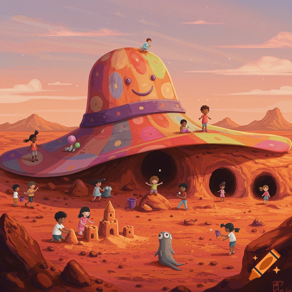 Cartoon illustration of an astronaut and colorful aliens on floating ...