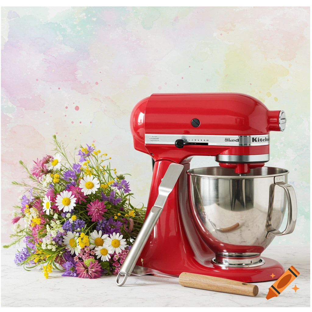 Kitchenaid mixer with wildflower bouquet in watercolor style on Craiyon