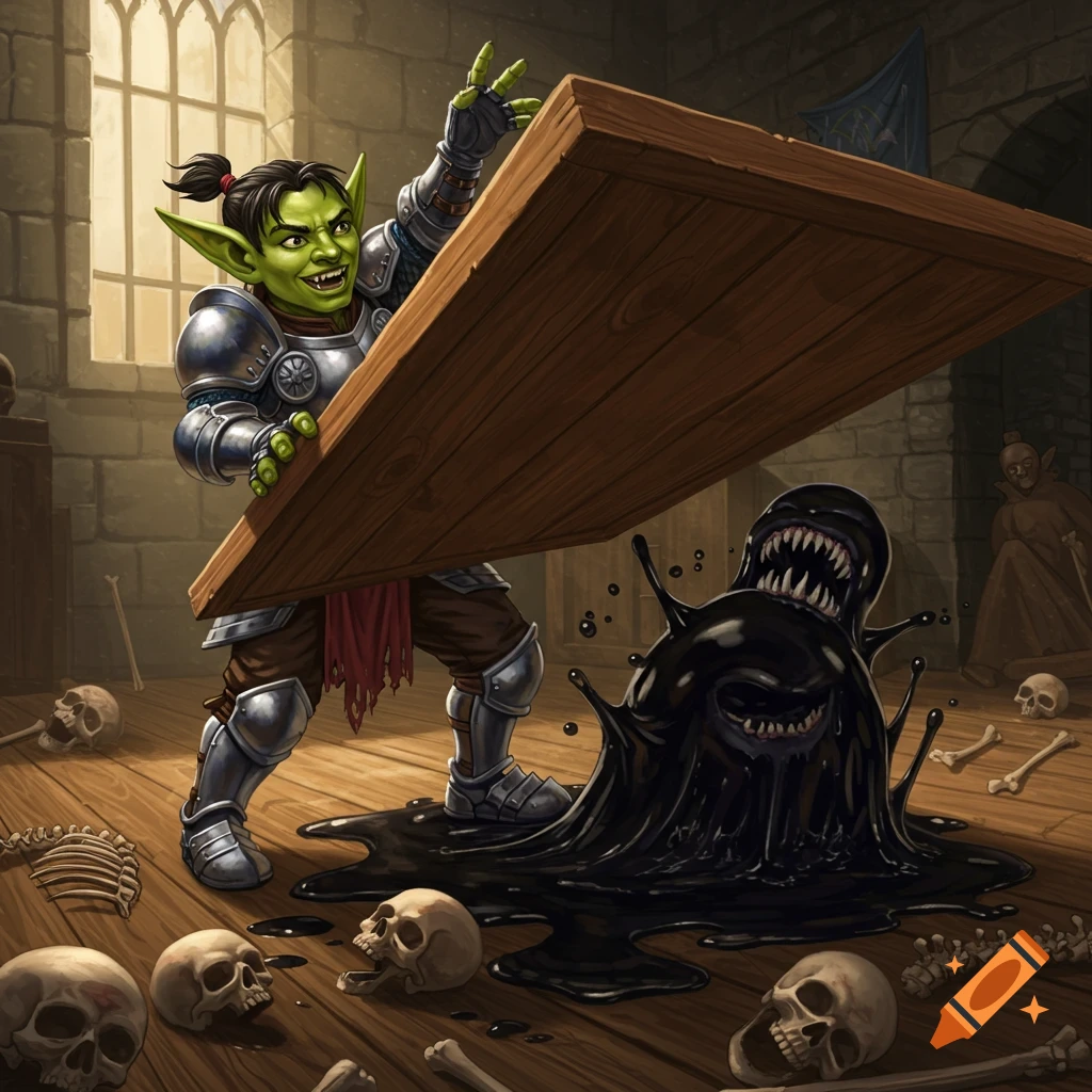 Goblin paladin flipping a table with black slime and human bones. on ...
