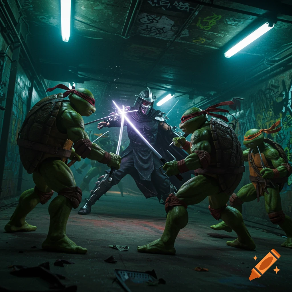 Teenage Mutant Ninja Turtles fight Shredder in a dark alley on Craiyon