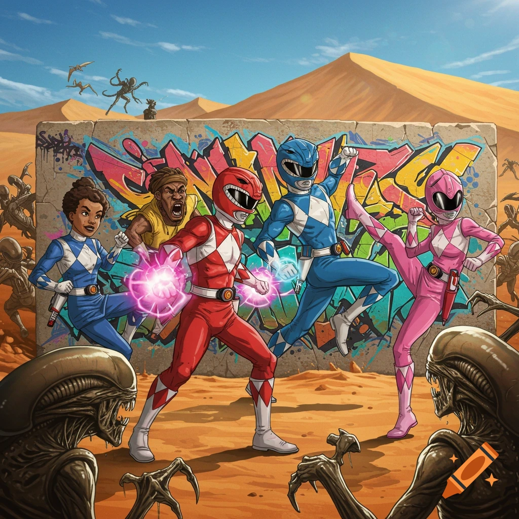 Graffiti mural of Power Rangers fighting xenomorphs on a desert planet ...
