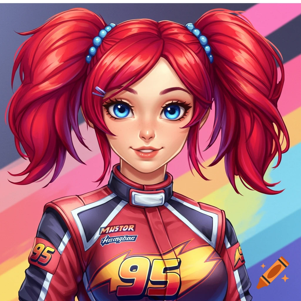Anime portrait of a girl in a red race suit with red pigtails and blue ...
