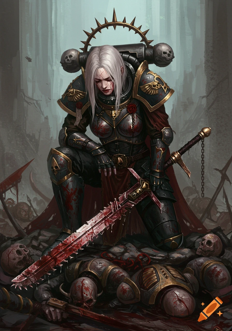 Repenta of the Adeptus Sororitas resting after battle on Craiyon