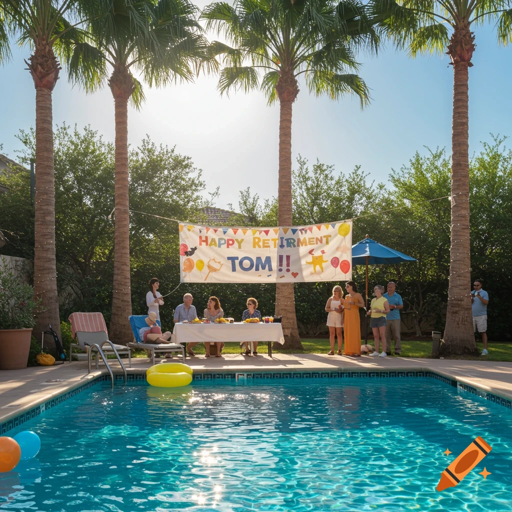 Poolside view with a 'Happy Retirement Tom' banner. on Craiyon