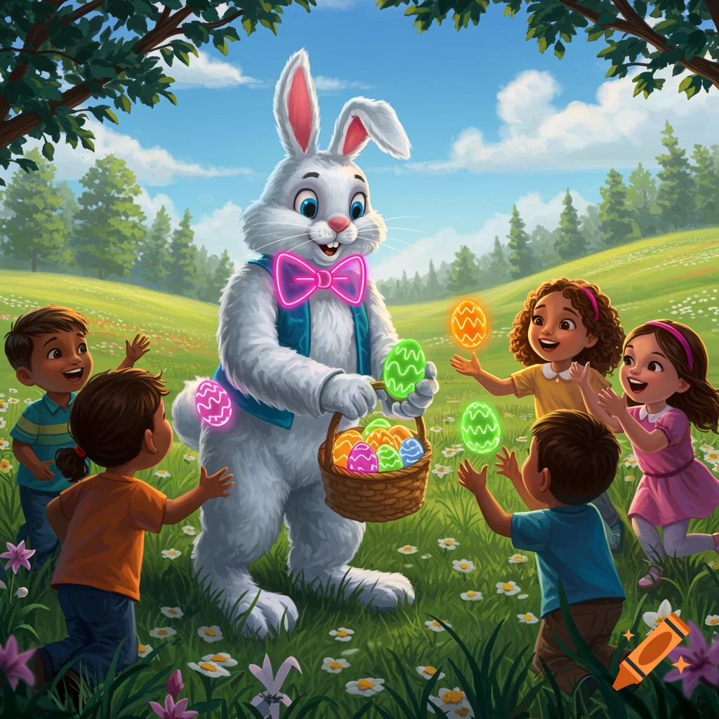 Cartoon Easter bunny handing out neon eggs on Craiyon