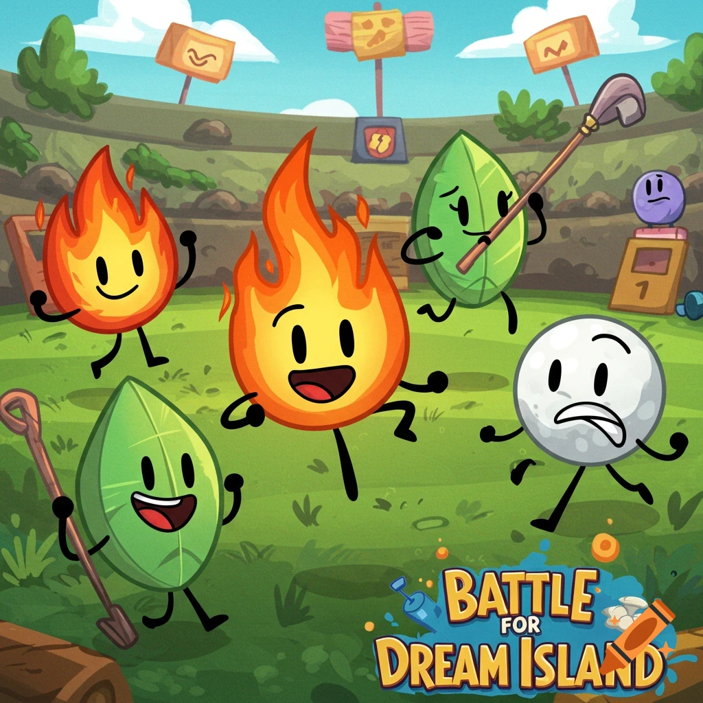 Battle For Dream Island characters on a floating platform in a stadium ...