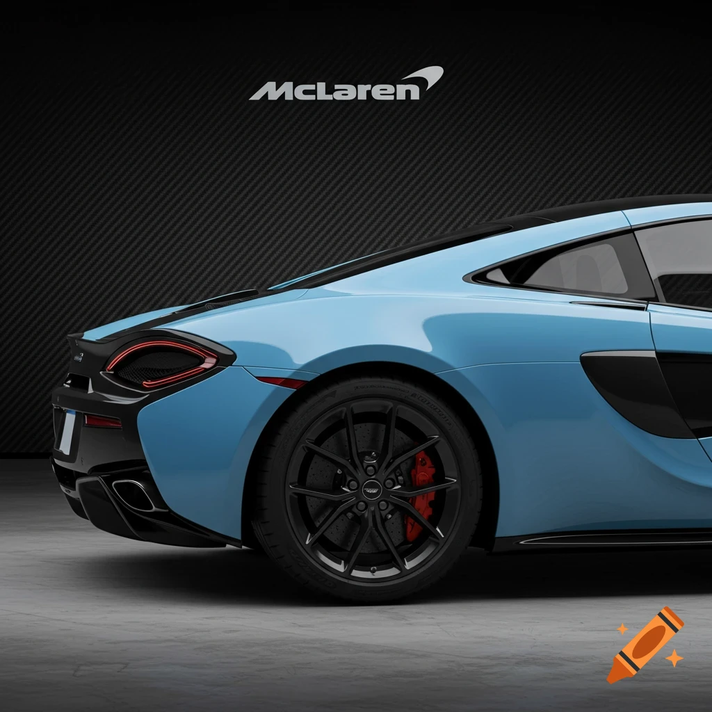 Baby blue McLaren with black accents and white lights on a carbon fiber ...
