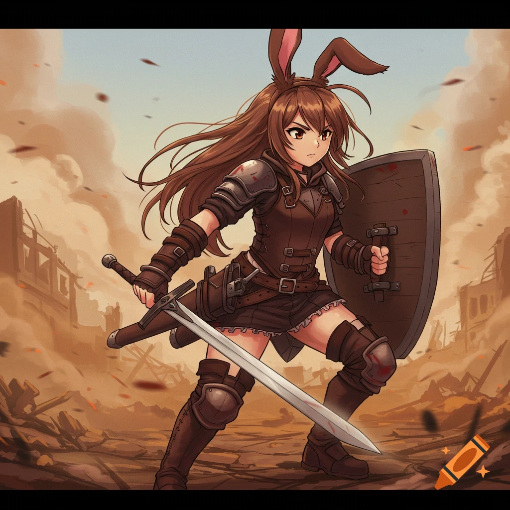 War zone depiction of a girl with long brown hair, sword, shield, and bunny ears. on Craiyon