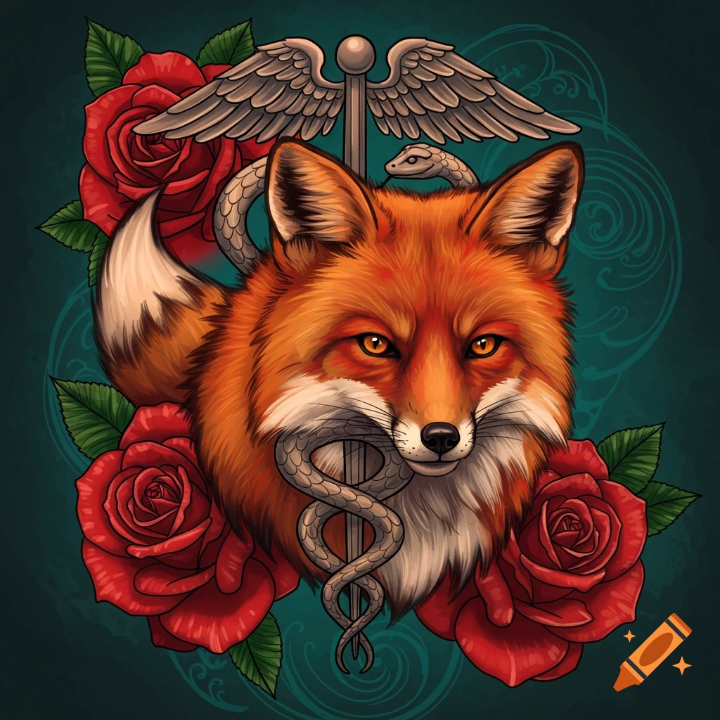 Caduceus, fox, and rose in a tattoo style on Craiyon