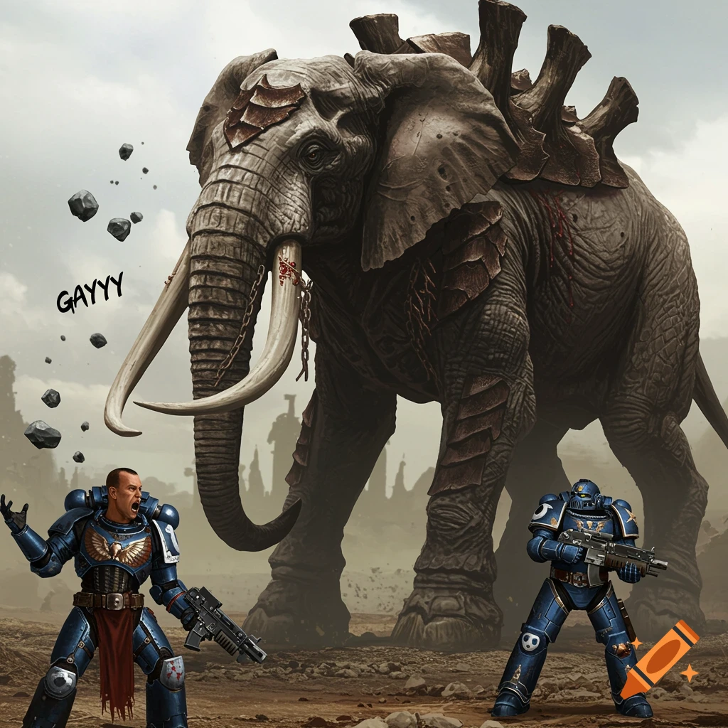 Meme with ultramarine throwing rocks at tyranid carnifex on Craiyon