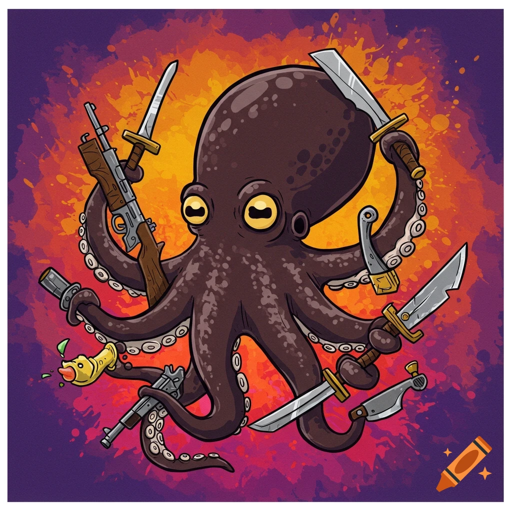 Cartoon octopus holding various weapons on Craiyon