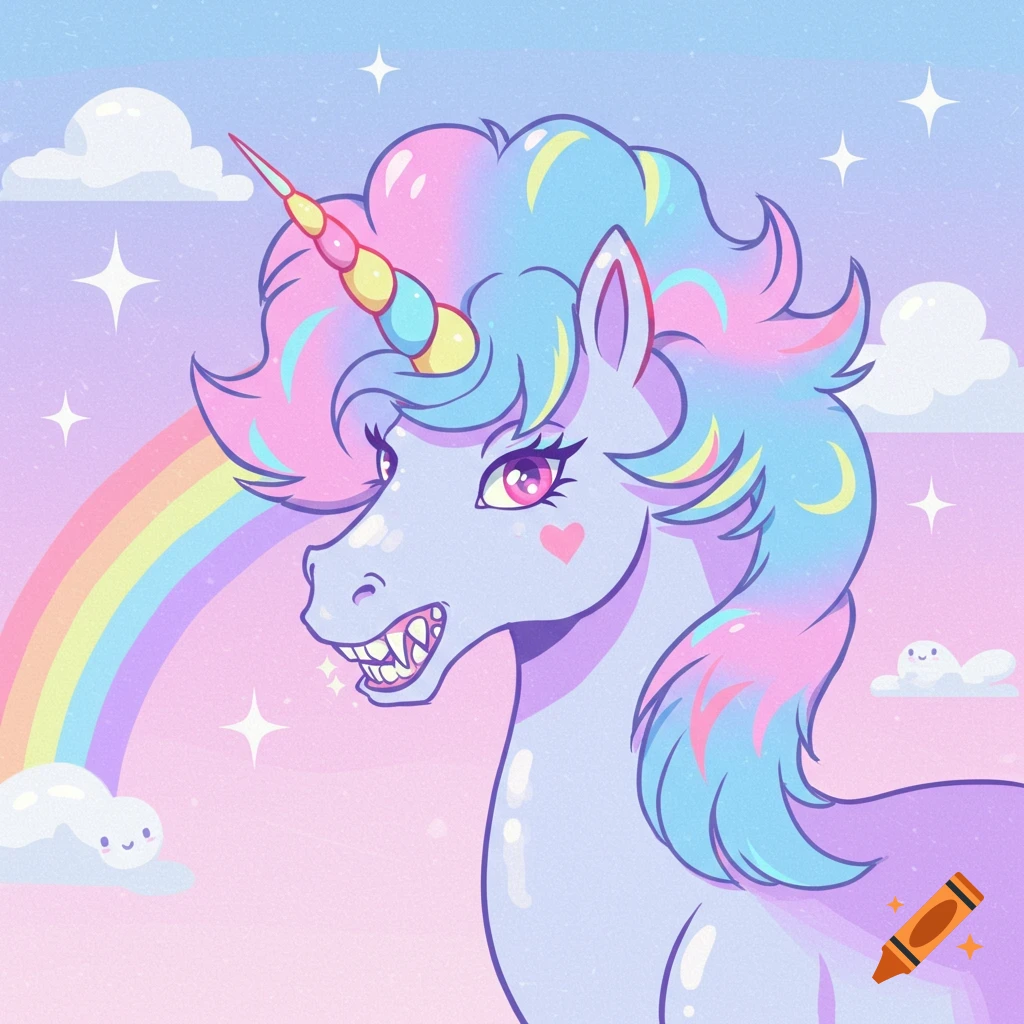 Unicorn with sparkly teeth in 1980s art style on Craiyon