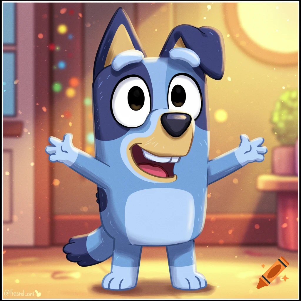 A cartoon image of Bluey the dog standing with arms open in a room with bokeh lights. on Craiyon