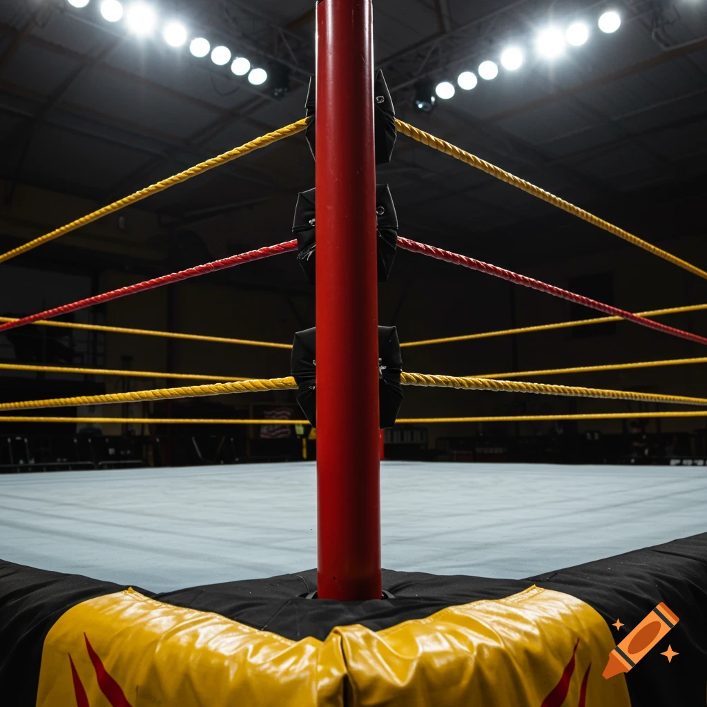 A low angle view of a wrestling ring corner with red and yellow ropes ...