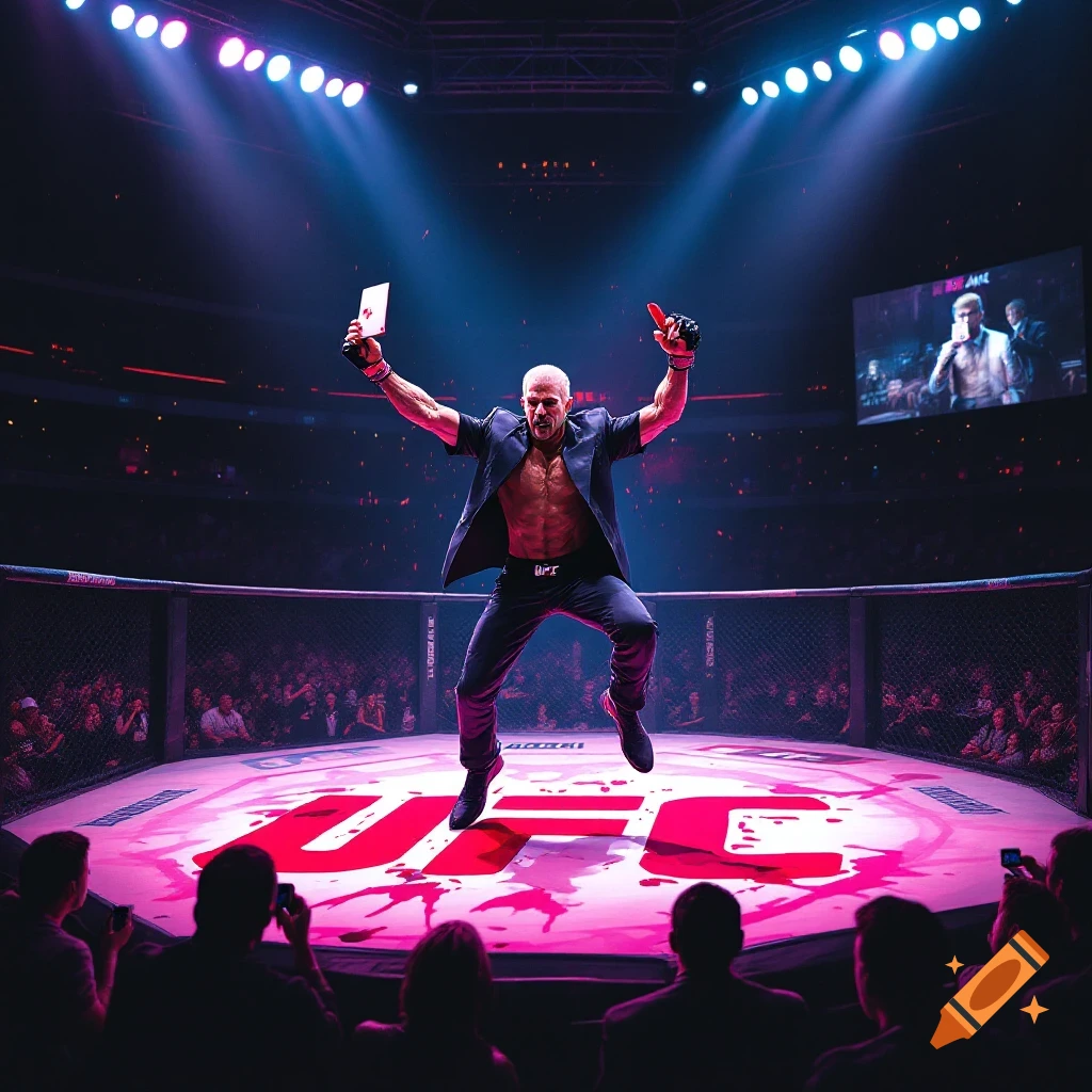 Packed UFC arena with a lighted octagon in the center. on Craiyon