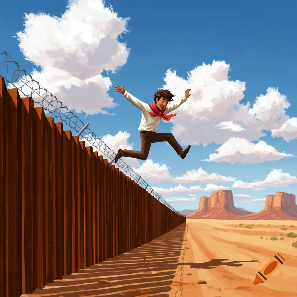 A person is shown mid-air, having just cleared a border wall set in a ...