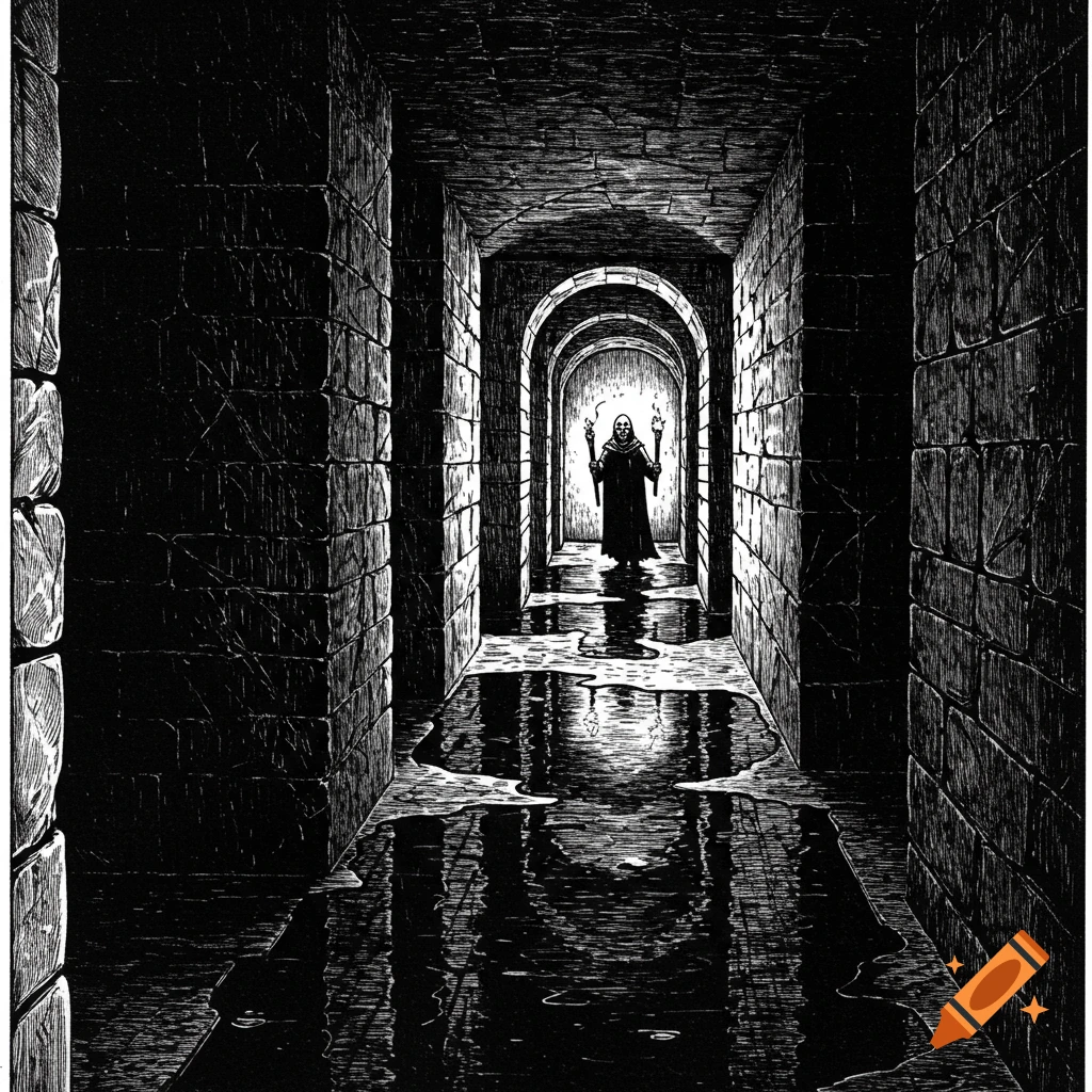 A cloaked figure holding torches stands in a dark, wet dungeon corridor ...