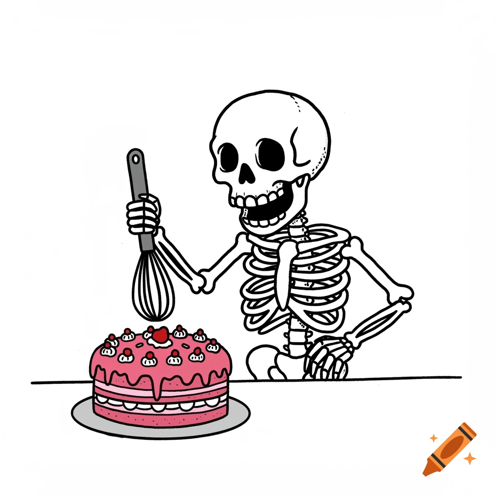 Clip art skeleton holding whisk with cake on Craiyon