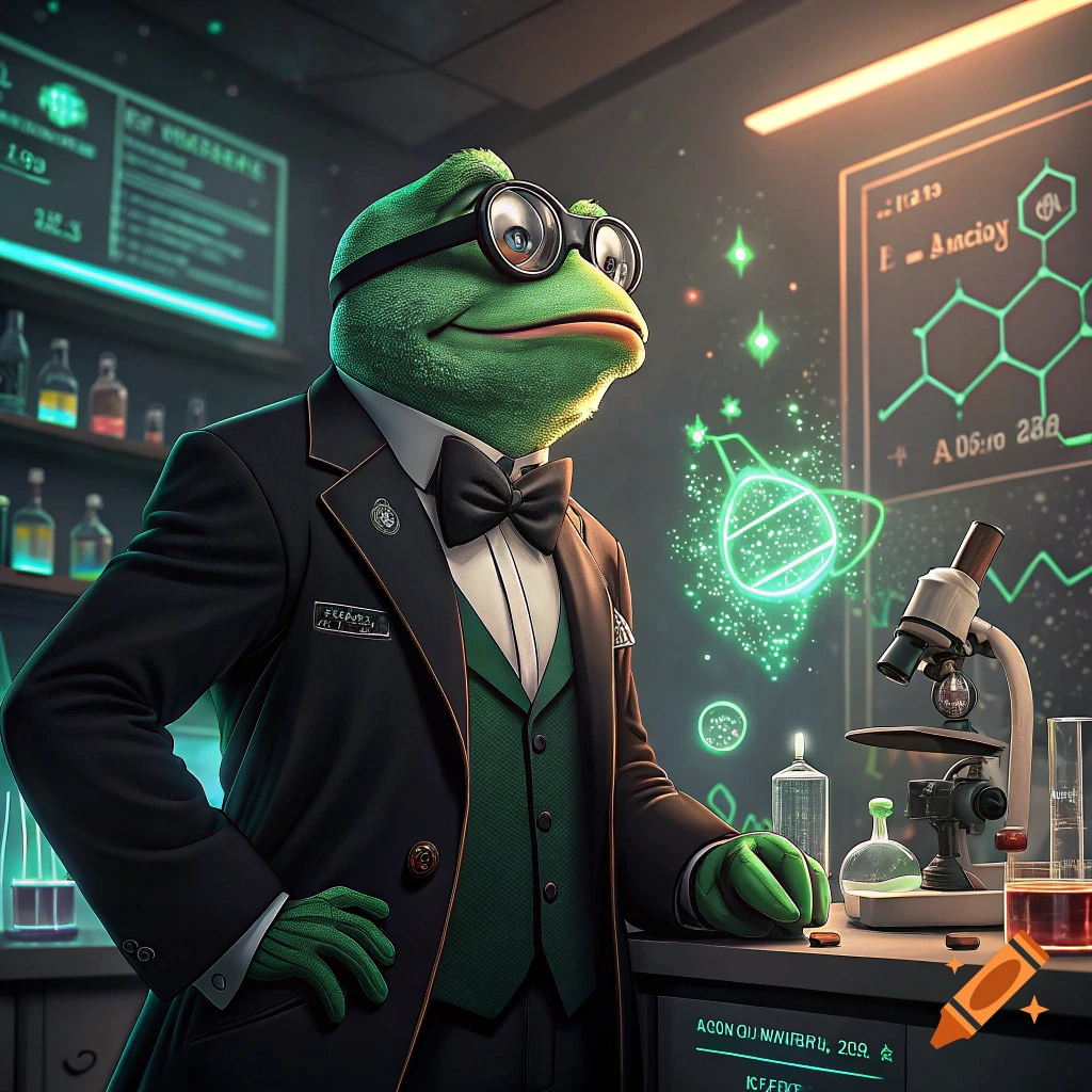 Pepe the Frog as a scientist in a lab on Craiyon