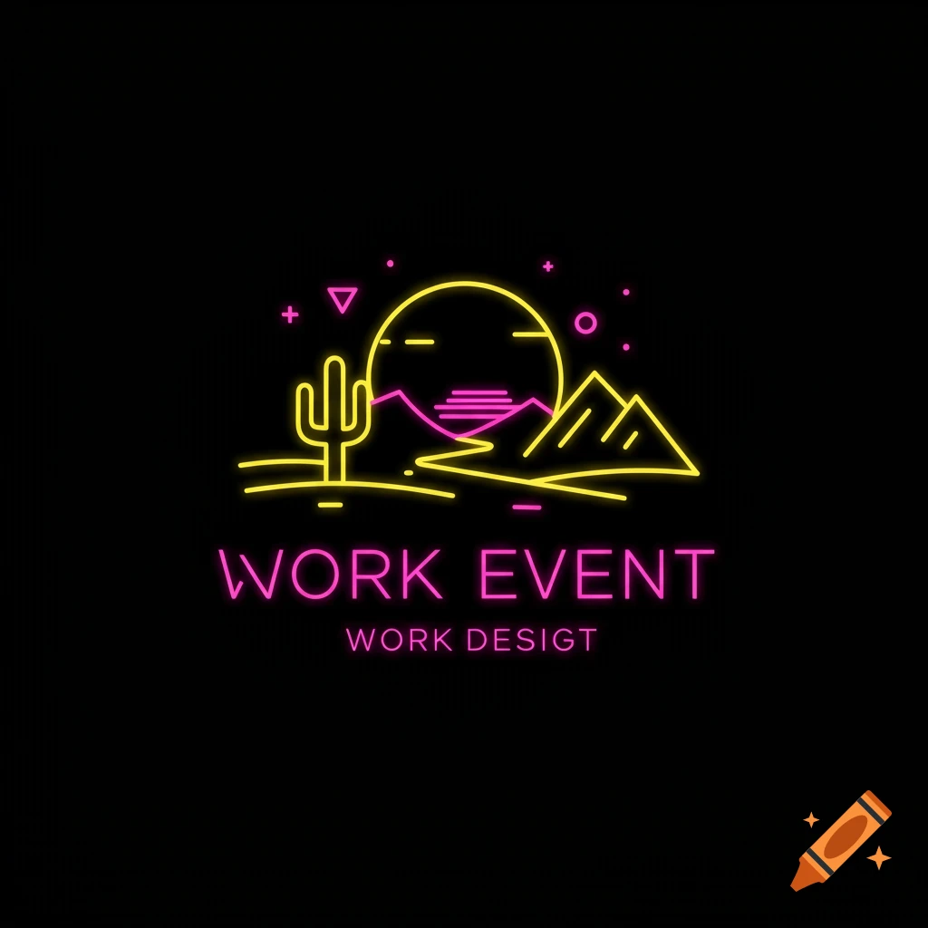 Neon logo with desert scene and text 'WORK EVENT WORK DESIGT' on Craiyon