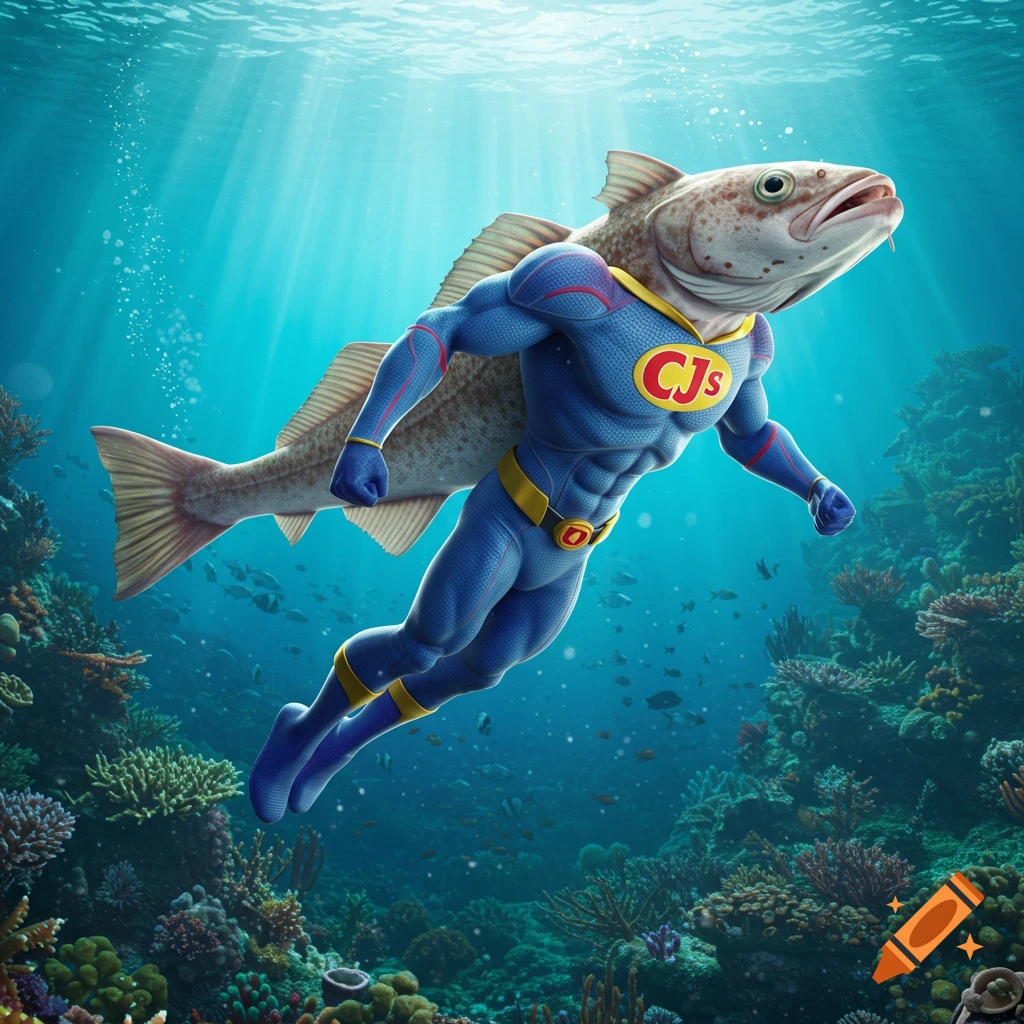 Superhero haddock with CJ's logo underwater on Craiyon