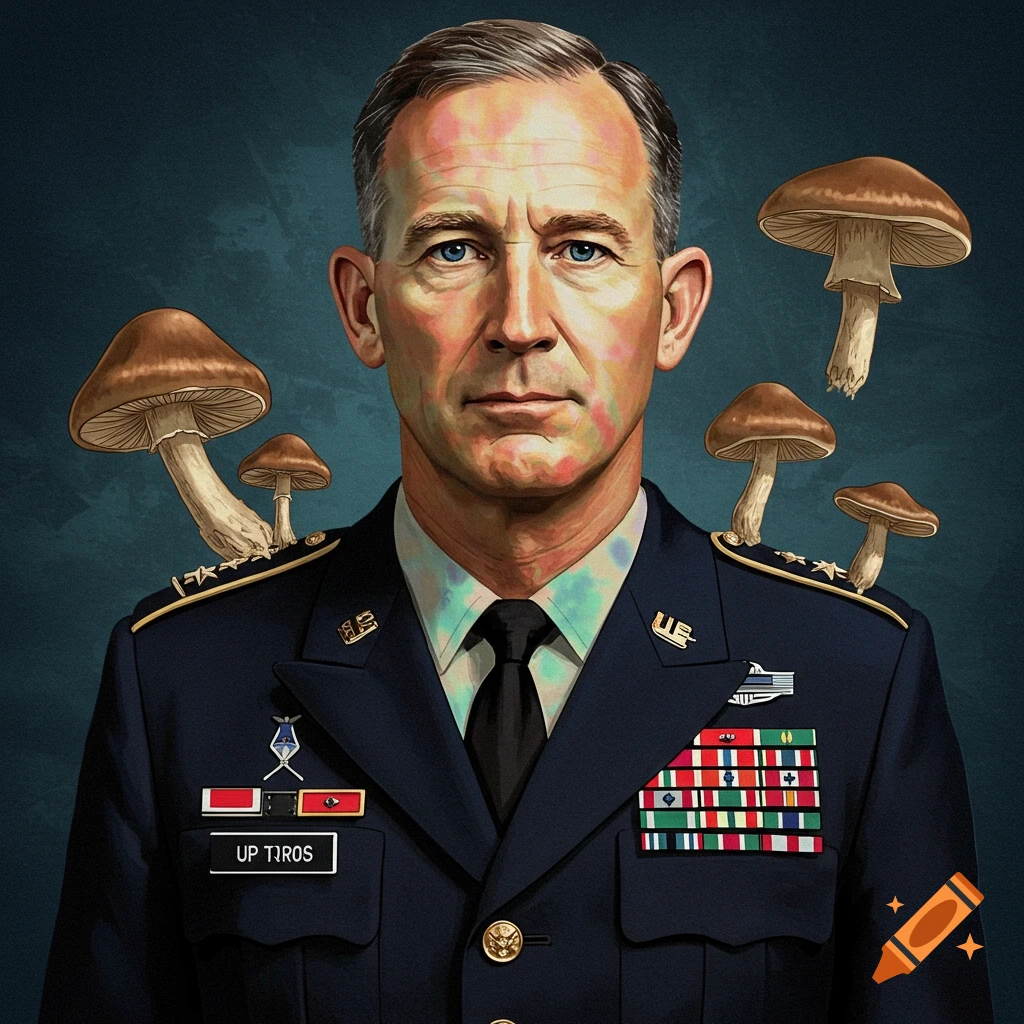 US Army general in tie-dye uniform with mushroom stars on Craiyon