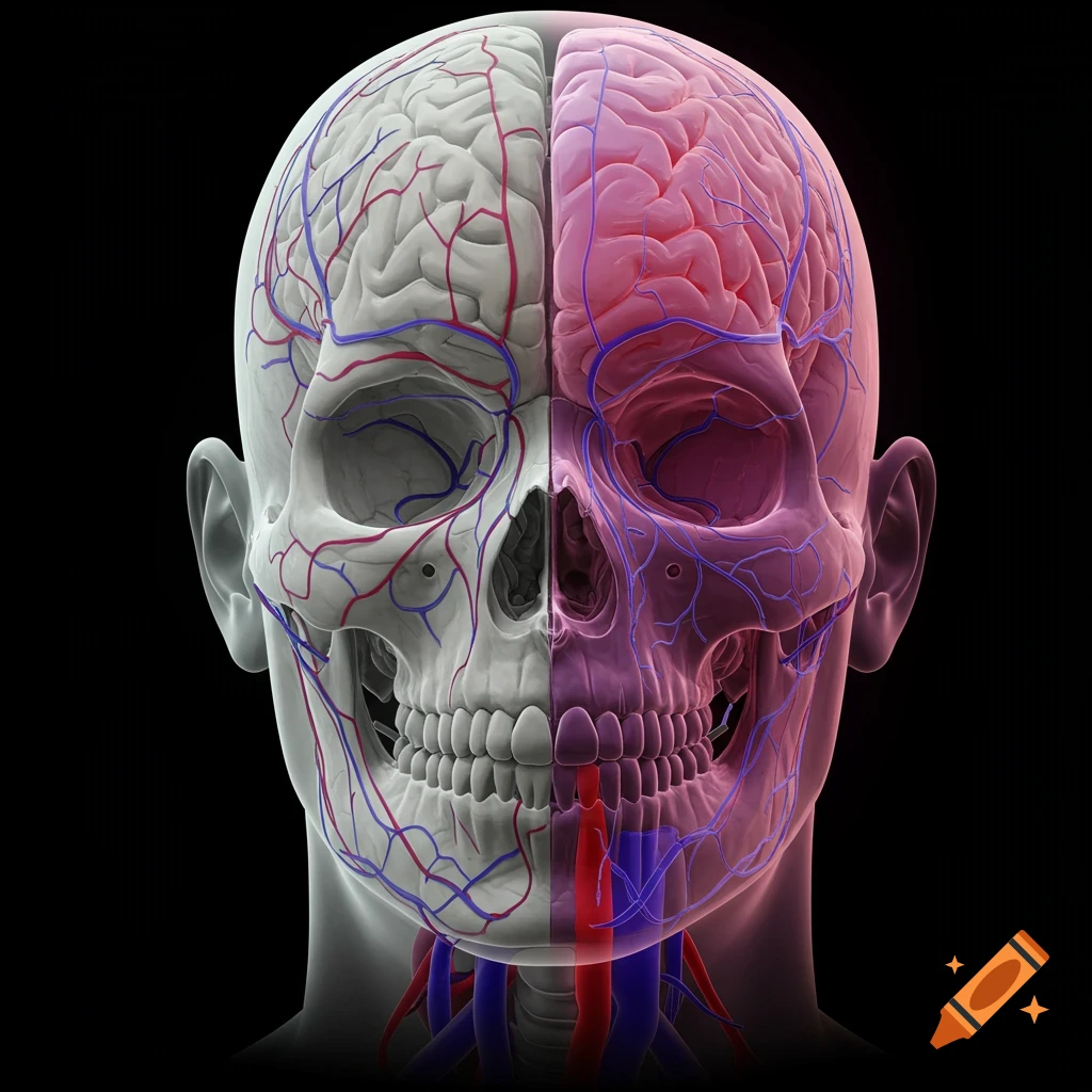 Image of a head showing a split view of a skull, brain, and blood ...