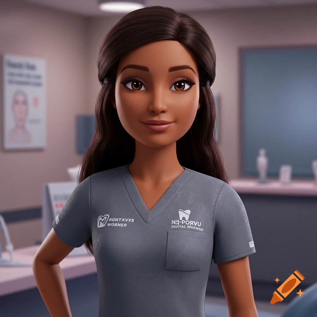 A Latina Barbie doll cartoon character wearing grey medical scrubs ...