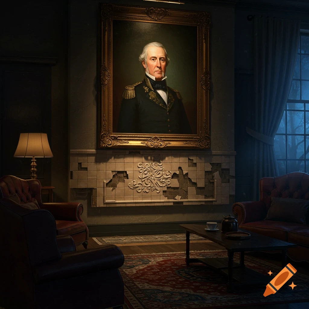 A portrait of a man in a military uniform hangs above a fireplace in a ...