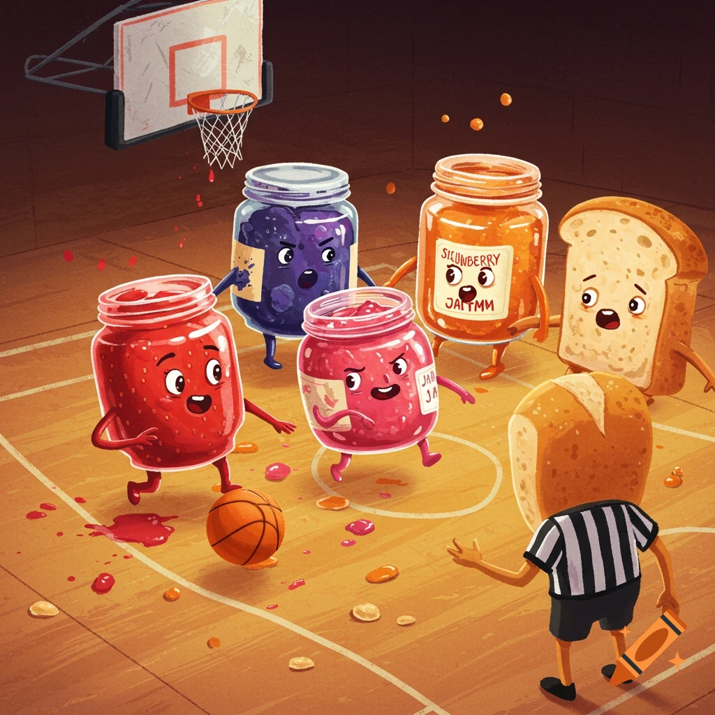 Cartoon slice of cake with arms and legs dribbling a basketball on an ...