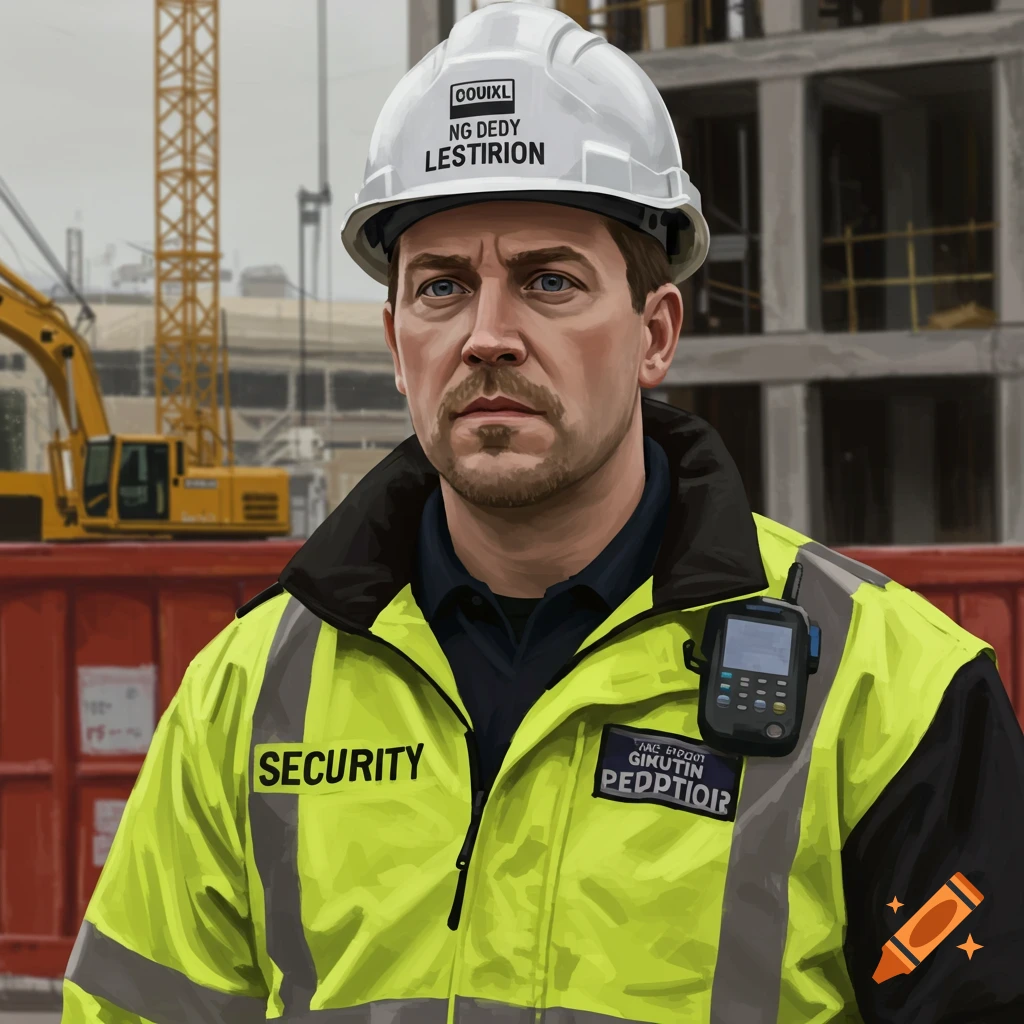 Security guard patrolling construction site wearing yellow jacket on ...