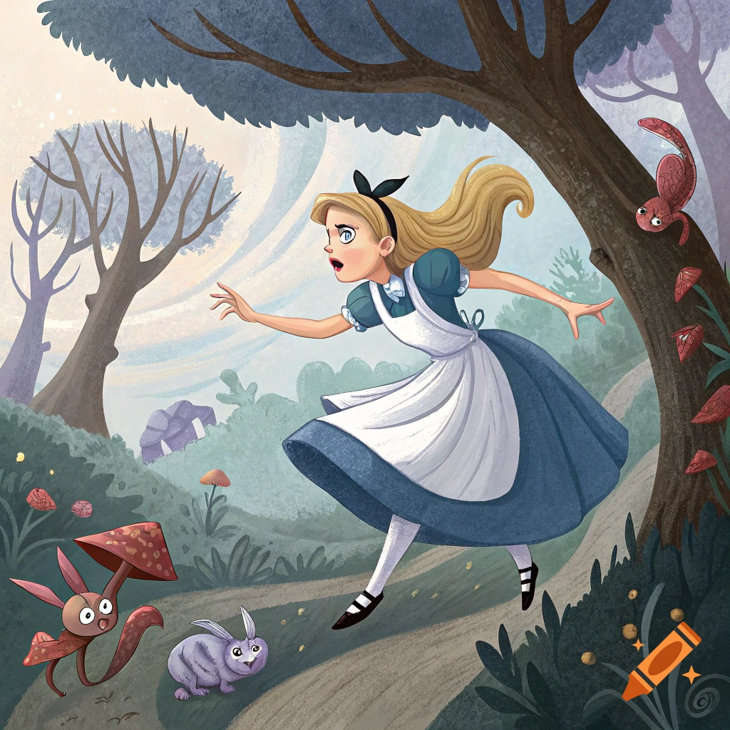 Illustration of Alice in Wonderland running through a forest with strange creatures. on Craiyon