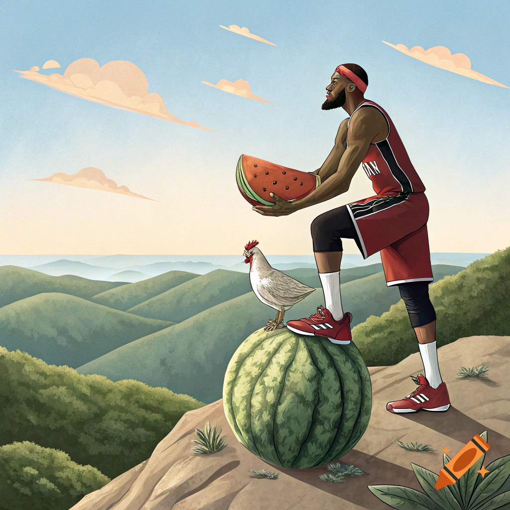Lebron James on a mountain with watermelon and chicken on Craiyon